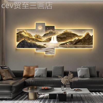 网红流水客生财厅装画新中式山水画饰大气画灯画壁发背景沙墙挂画