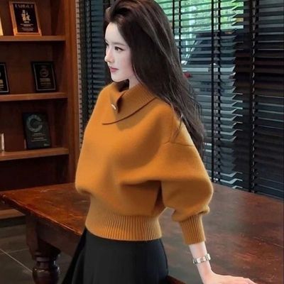 高知老钱风橘色高领打底针织衫女