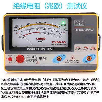 指针式绝缘电阻测试仪 500V兆欧表 电工测试仪器 天宇TY6017电子