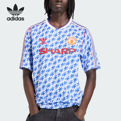Adidas/阿迪达斯正品三叶草新款男蓝白色经典复古短袖球衣JM5495
