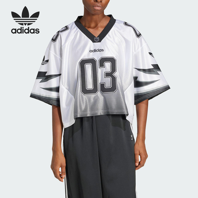 Adidas/阿迪达斯正品三叶草女士印花足球V领短袖T恤JX9216