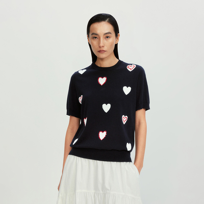 GOLDEN BARRY26早春新款简约醋酸棉爱心童趣印花短袖衫0201001