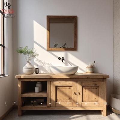 自然风化老木头民宿古风浴室柜洗手盆组合侘寂风落地洗漱台可定制