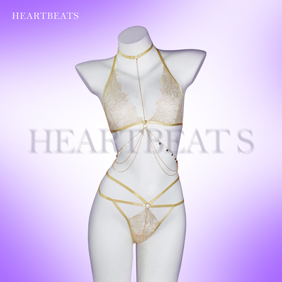 Heartbeats 情趣睡衣性感三点式挂脖蕾丝禁欲系腰链薄透文胸套装