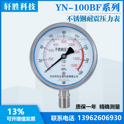 YN100BF 160MPa 1600bar 抗震液压压力表 耐震不锈钢压力表