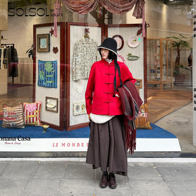 IANHYLTON红色羊毛混纺中式夹克