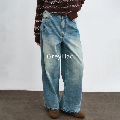 Greylilac 经典复古水洗牛仔长裤女猫须褶皱设计垂感阔腿直筒裤子
