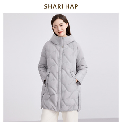 【90绒】SHARI HAP连帽羽绒服中长款女宽松大码冬装新款保暖外套