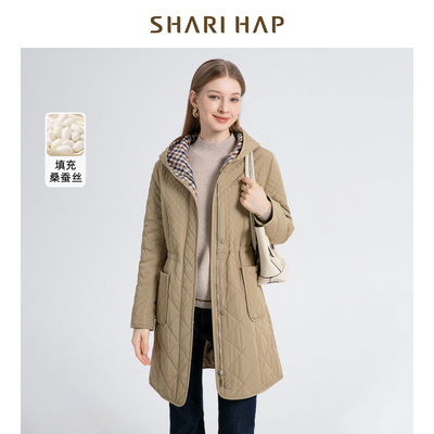 SHARI HAP莎瑞连帽蚕丝棉服中长款时尚百搭显瘦秋冬新款外套大码