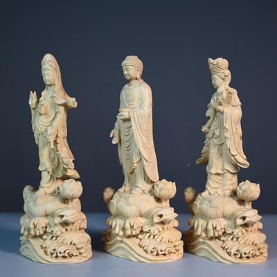 黄杨木雕刻立方三圣摆饰NYM室内家品装饰供奉摆件桌面居立像西工