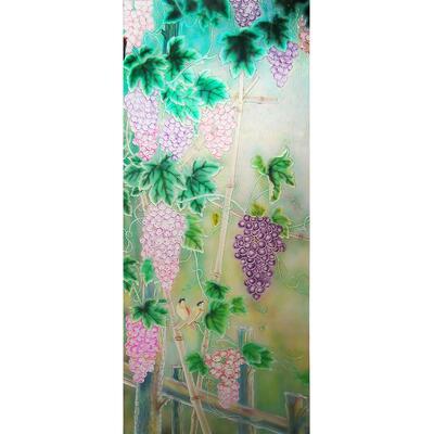 定做艺术玻璃屏风隔断门芯手工彩雕工艺 葡萄藤篱笆 垂涎欲滴丰收