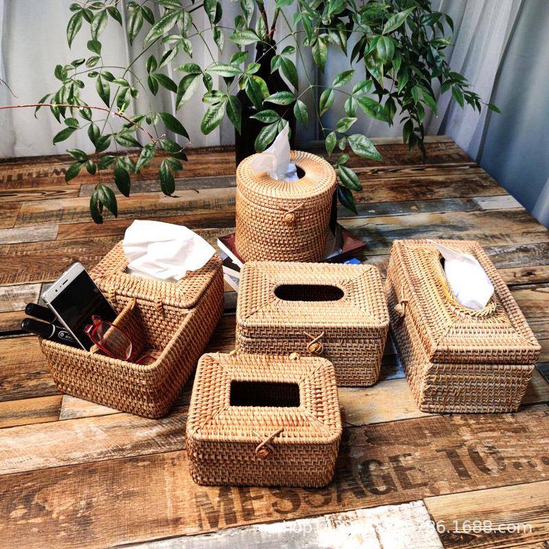 越南秋藤编客厅餐厅纸巾盒茶具圆形纸巾筒手工编织长方形抽纸套