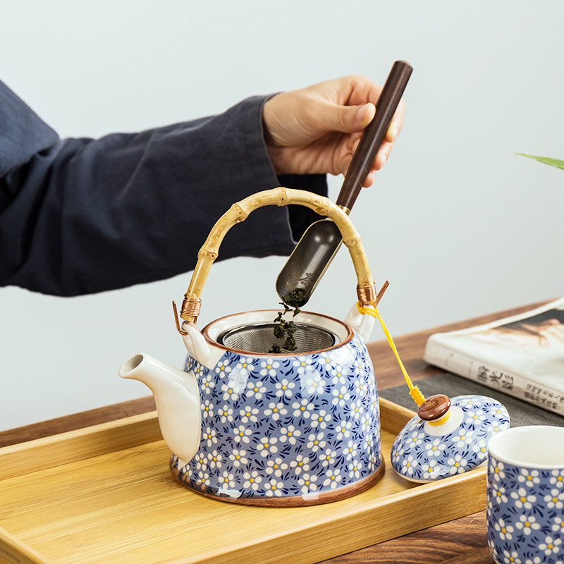 提梁壶套装日式泡l茶壶陶瓷复古带过滤网大容量老式家用水壶冷水