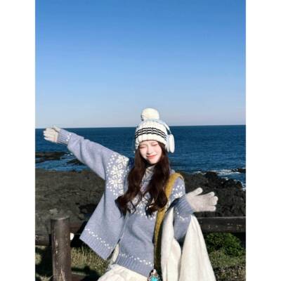 韩国风格小蓝色毛衣斯堪的纳维亚覆古Fair岛纯秋天新风格在风软蜡