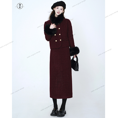 JIASU 【星辰黑巧】2025新款黑丝绒金扣羊毛小香风羽绒套装S605