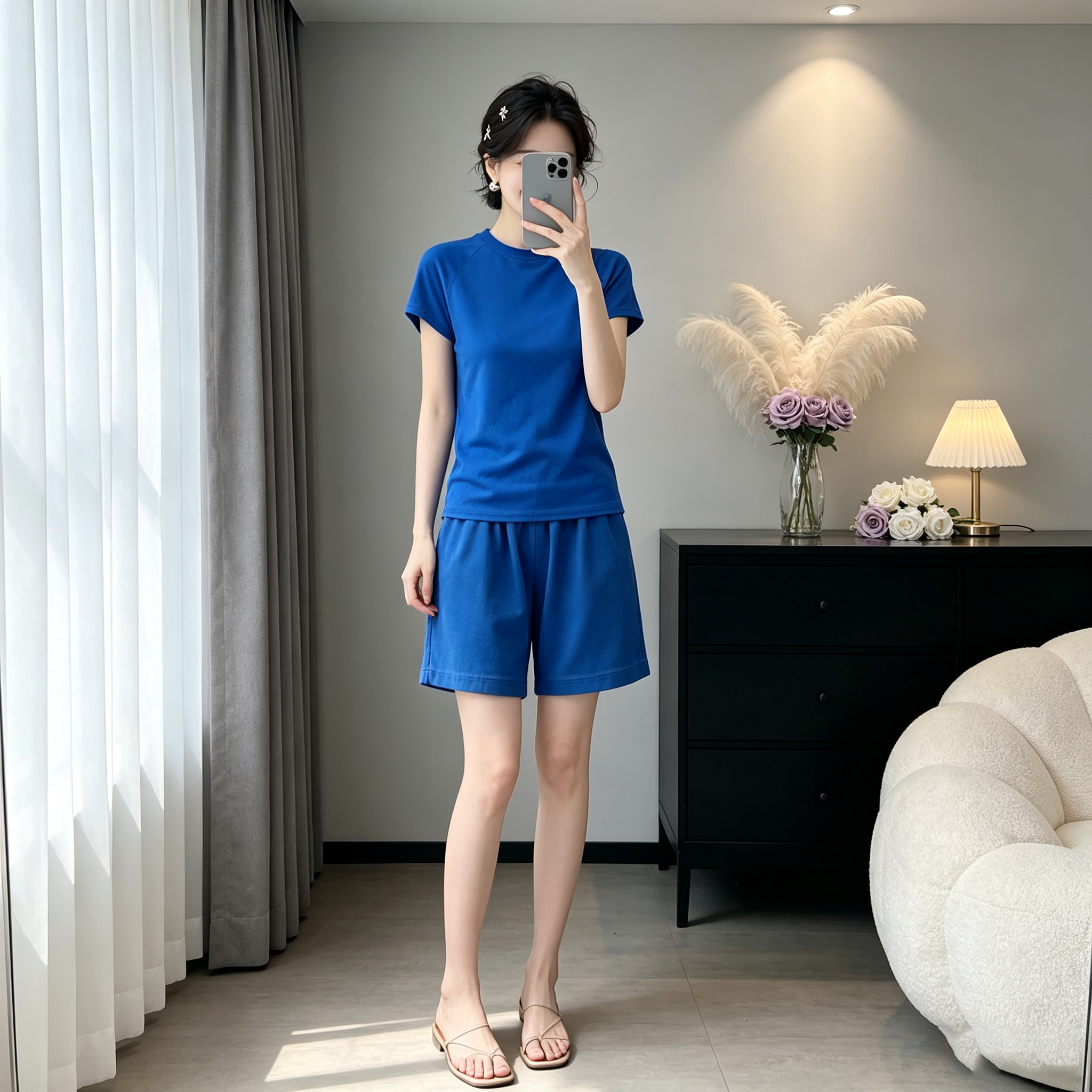 超火穿搭时尚蓝色圆领短袖短裤套装女夏季休闲两件套显瘦减龄薄款