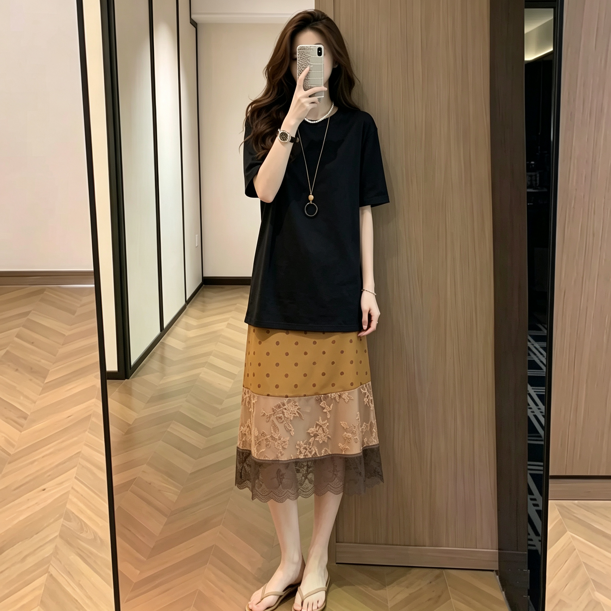 慵懒风短袖T恤蕾丝拼接半身裙套装女夏季宽松显瘦老钱风两件套