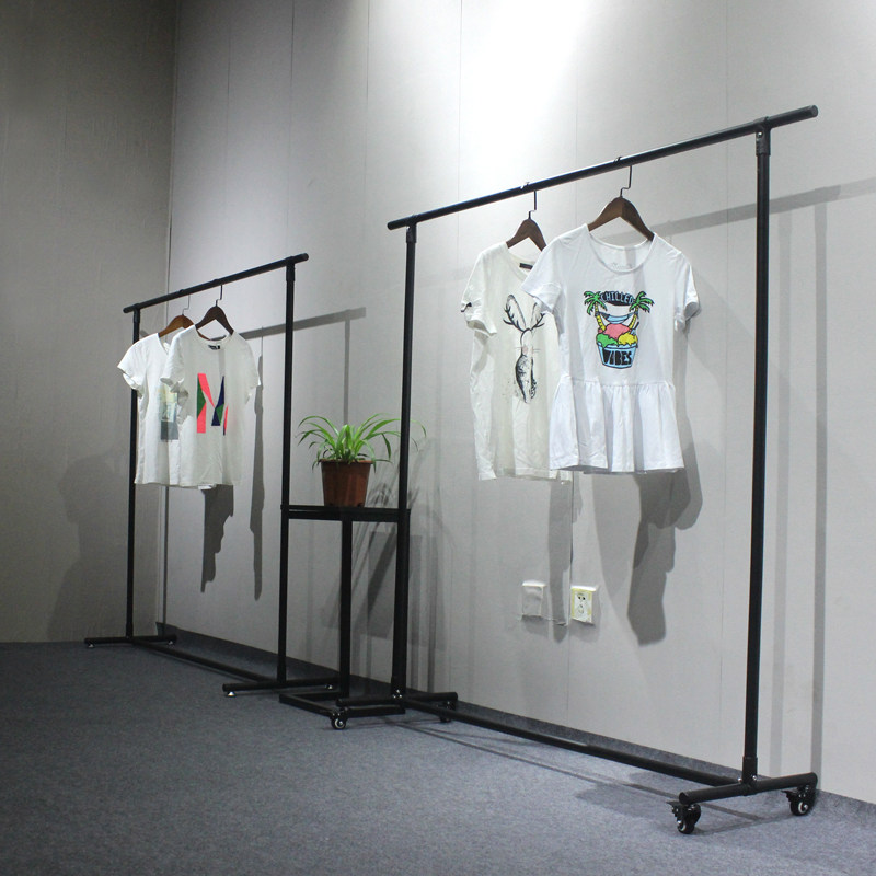 铁艺烤黑漆落地式单杆男女服装店展示架侧挂衣架店铺靠墙陈列架