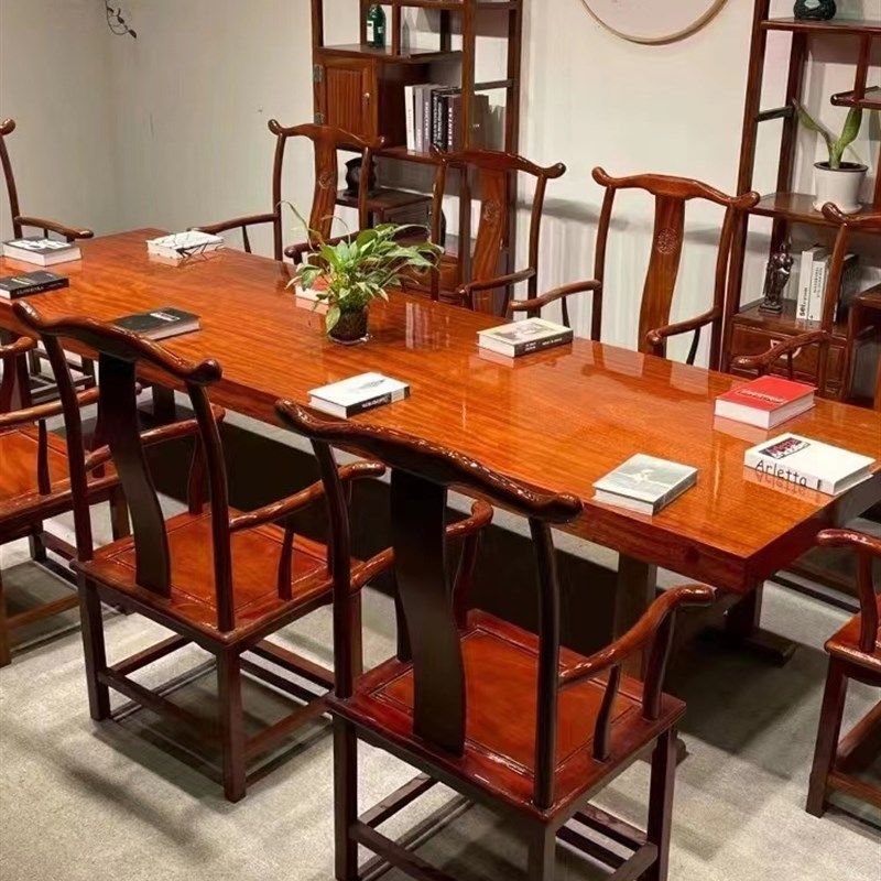 纯实木原木黑檀实木大板桌巴花茶桌茶台茶板红木会V议桌总裁桌餐