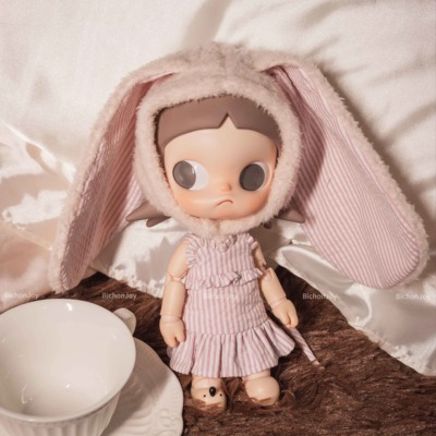 耳廓狐·原创Zsiga娃衣1/8BJD粉狐狸头套条纹无袖连衣裙可爱套装