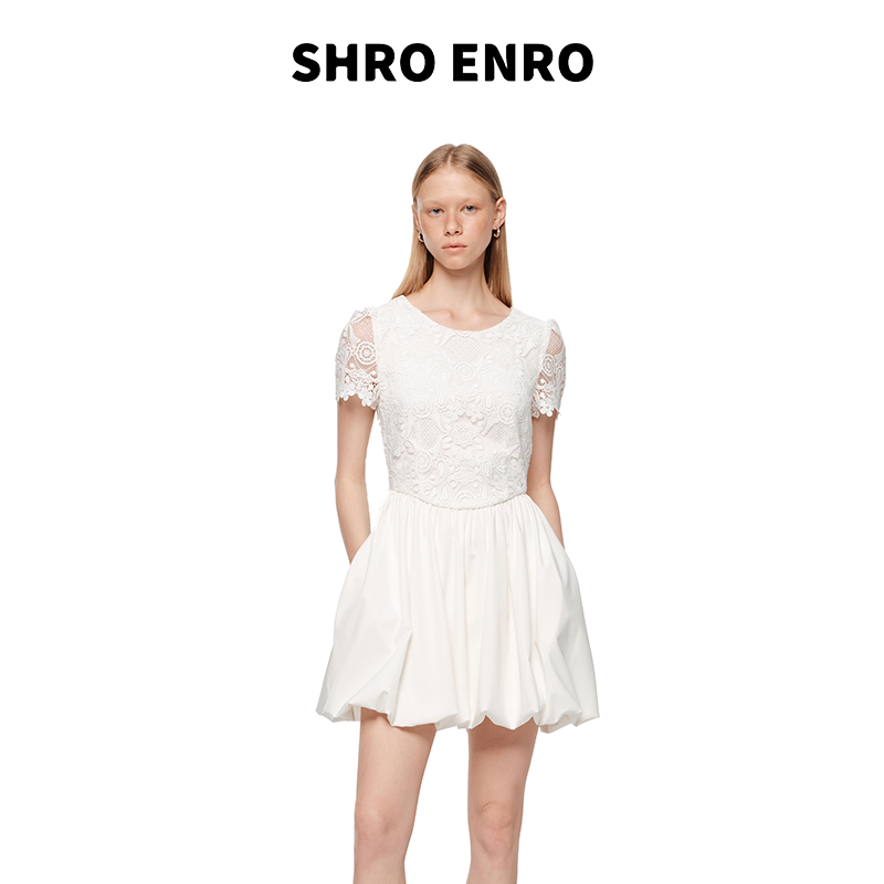 SHRO ENRO夏季新款收腰显瘦法式蕾丝高级感花苞连衣裙女短裙