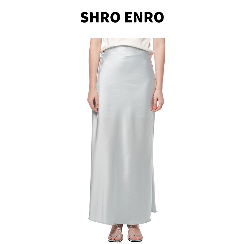 SHRO ENRO春季新款轻奢度假风高腰垂感缎面斜裁修身包臀半身裙女