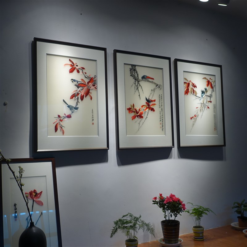 苏州刺绣手工客厅玄关过道装饰画C成品三联组合画鸟语花香精品蚕