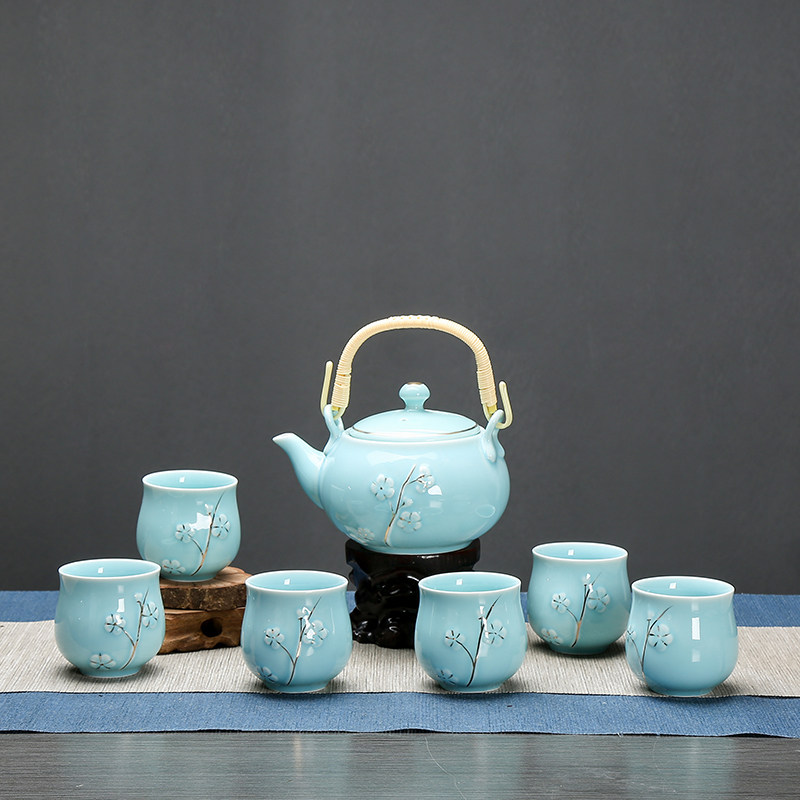 提梁壶茶具套装德化描金白瓷w 茶壶茶杯陶瓷功夫茶具 家用简约茶