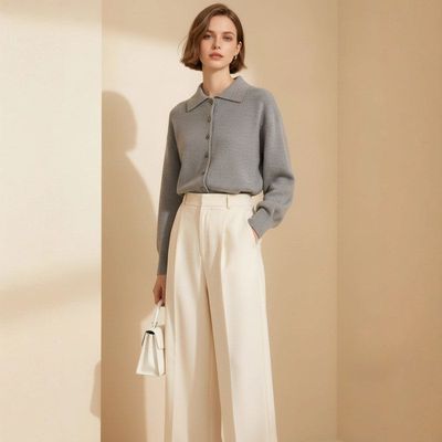 LP同款气质毛衣女秋冬新款polo领纯色100%美利奴羊毛针织开衫外套