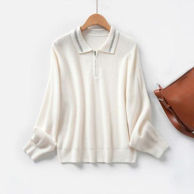 BC同款高奢100%山羊绒衫毛衣女秋冬新款珠链翻领拉链半开胸针织衫