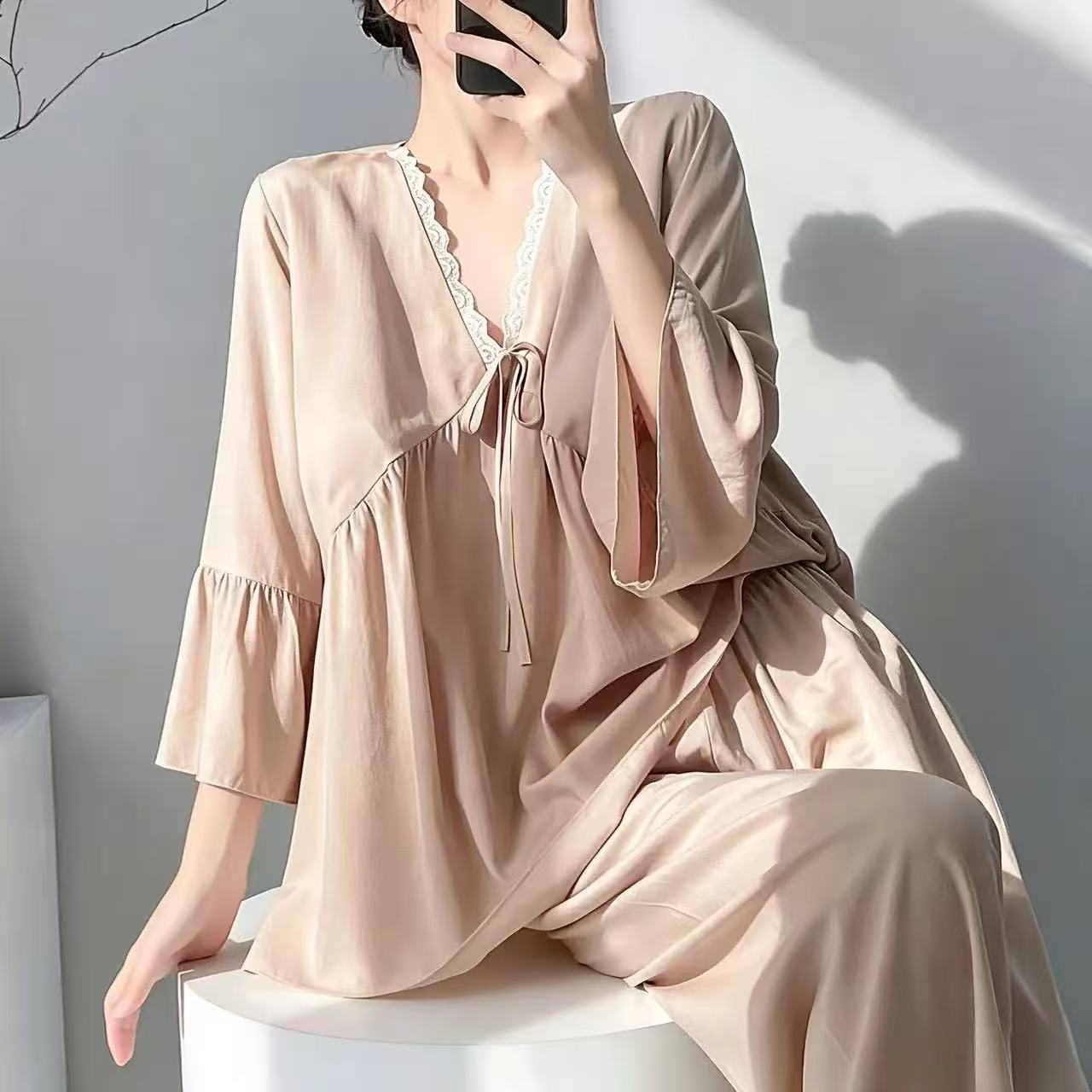 带胸垫棉绸睡衣夏季款中袖绵绸家居服套装可外穿小清晰夏天薄