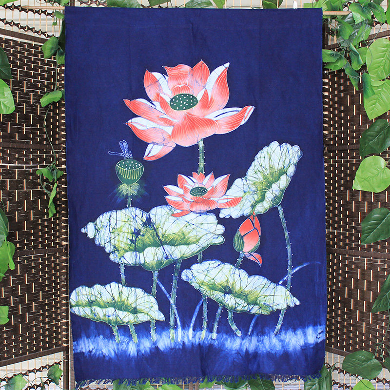 速发蜡染画荷花布艺门帘客厅卧室挂画苗族特色工艺品卫生间厨房隔