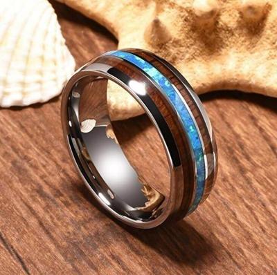.Titanium Ring for Men 8mm Groove Hawaiian Wood and Abalone
