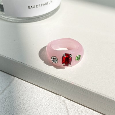 Jelly diamond ring rings women 果冻色树脂压克力镶钻戒指女