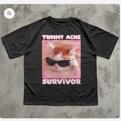 TUMMY ACHE SURVIVOR FUNNY CAT MEME T-SHIRT猫趣味休闲短袖T恤