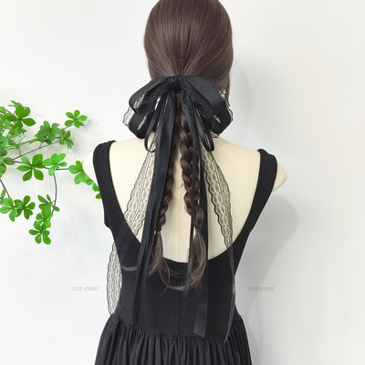 法式黑色蕾丝蝴蝶结长飘带发夹