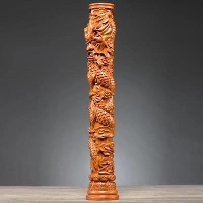 桃木雕刻板龙柱圆柱饰品家居客厅实木运势风水镇屋开业礼品工艺品