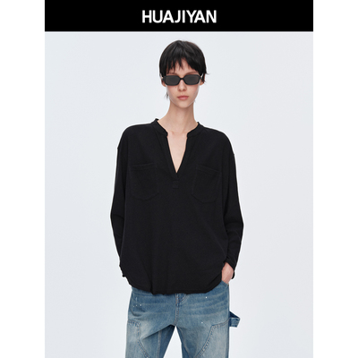 华吉言【长v黑t】100精梳棉V领宽松不规则下摆长袖T恤上衣女夏季