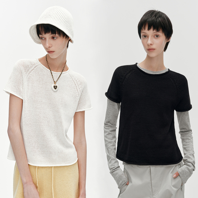 华吉言【糯米糍】棉亚麻混纺卷边圆领宽松插肩针织短袖T恤女夏季