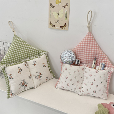 54124 马卡龙色小格子挂袋墙面宿舍床头收纳袋手机文具杂物储物袋