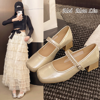 法式浅口粗跟仙女风玛丽珍单鞋