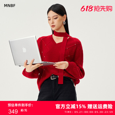 曼诺比菲商场同款新年红v领套头毛衣针织衫上衣MGCM111001