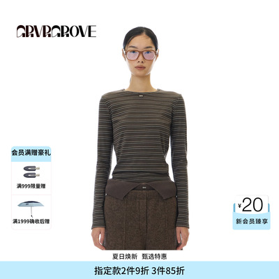 GROVE官方旗舰店 2025WT冬季款长袖圆领T恤条纹上装女 GCW5TS02