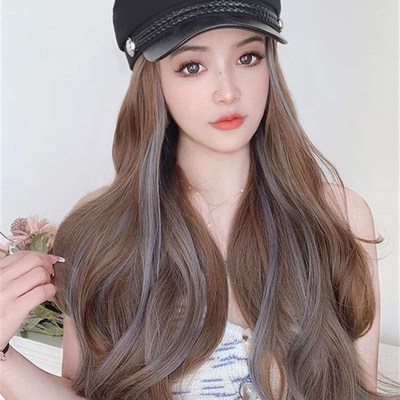 网红时尚假发帽子一体可拆卸2023新款女士带头发的秋冬季长卷发帽