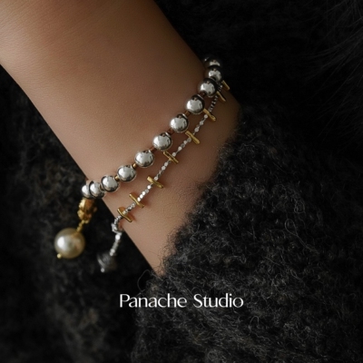 PANACHE 手作银色圆球线条可叠戴编织款手链 小众高级感精致手饰