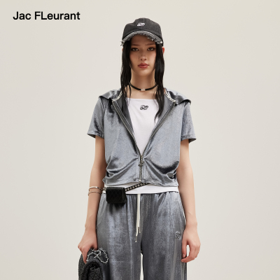 JAC FLEURANT2026春夏新款假两件短袖丝绒拉链帽衫阔腿休闲裤套装