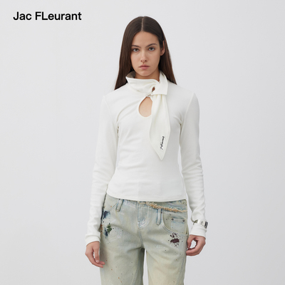 JAC FLEURANT2026秋季新款女士白色半高领镂空打结绑带打底上衣