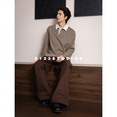 撞色翻领假两件长袖POLOT恤衫