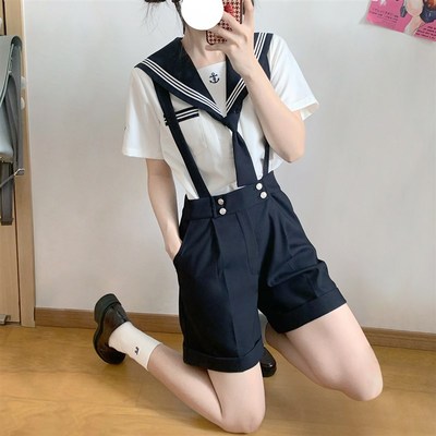 樱花家族jk制服【蔚蓝誓约】绀色背带短西裤花绀白三本水手服套装