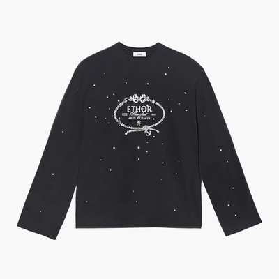 ETHOR 26SS设计师品牌黑色水洗绳结印花logo烫钻T恤Rainbow集合店